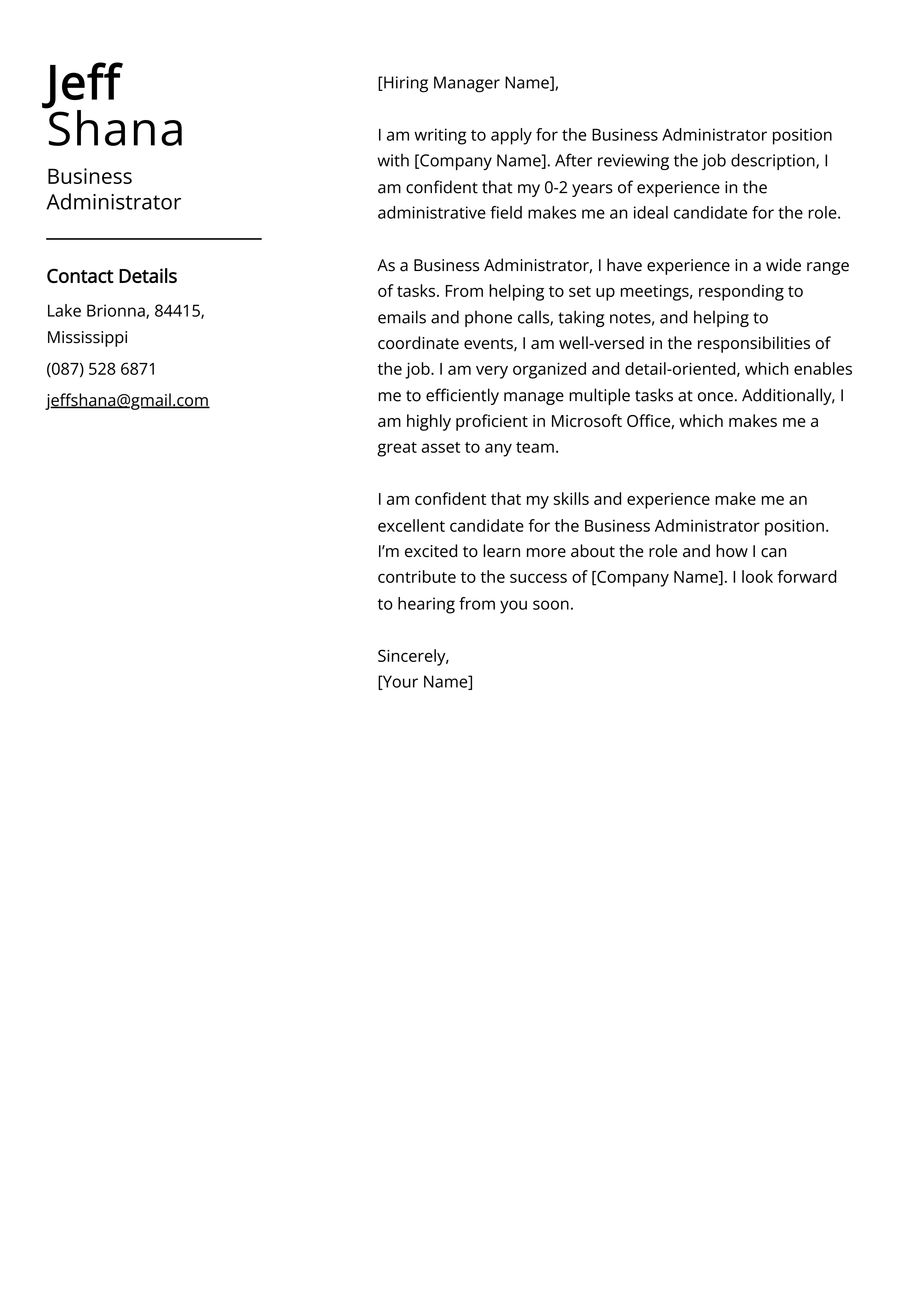 Business Administrator Cover Letter Example For 2024