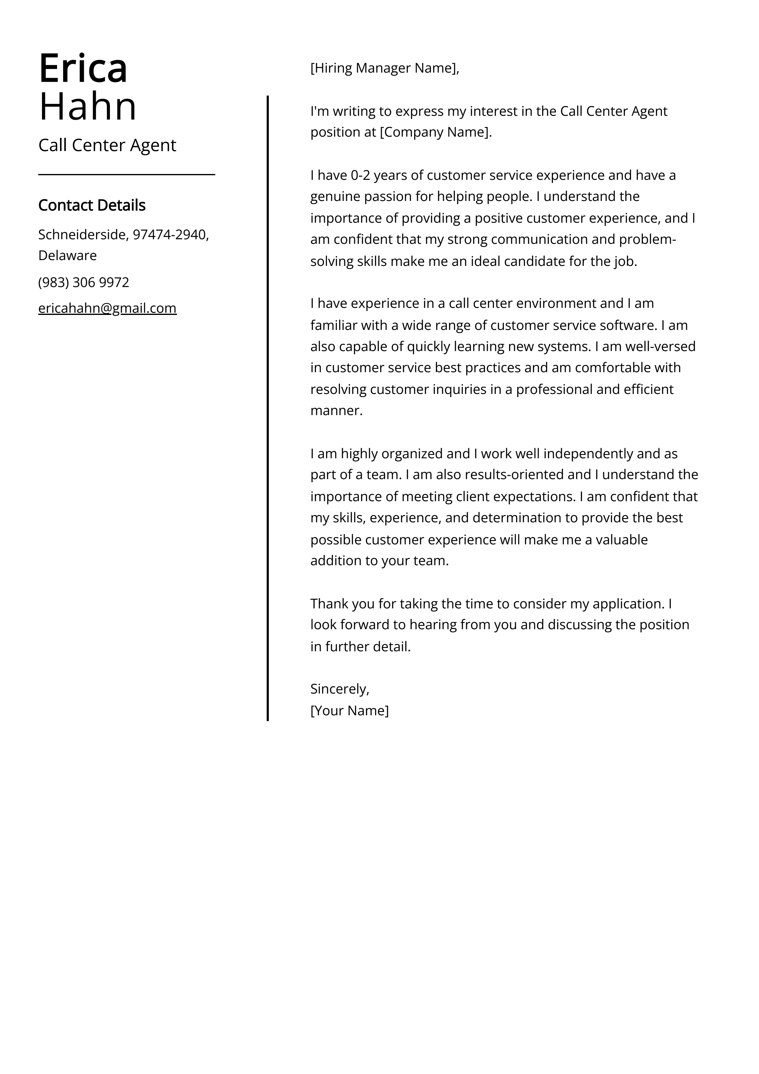 Call Center Representative Cover Letter