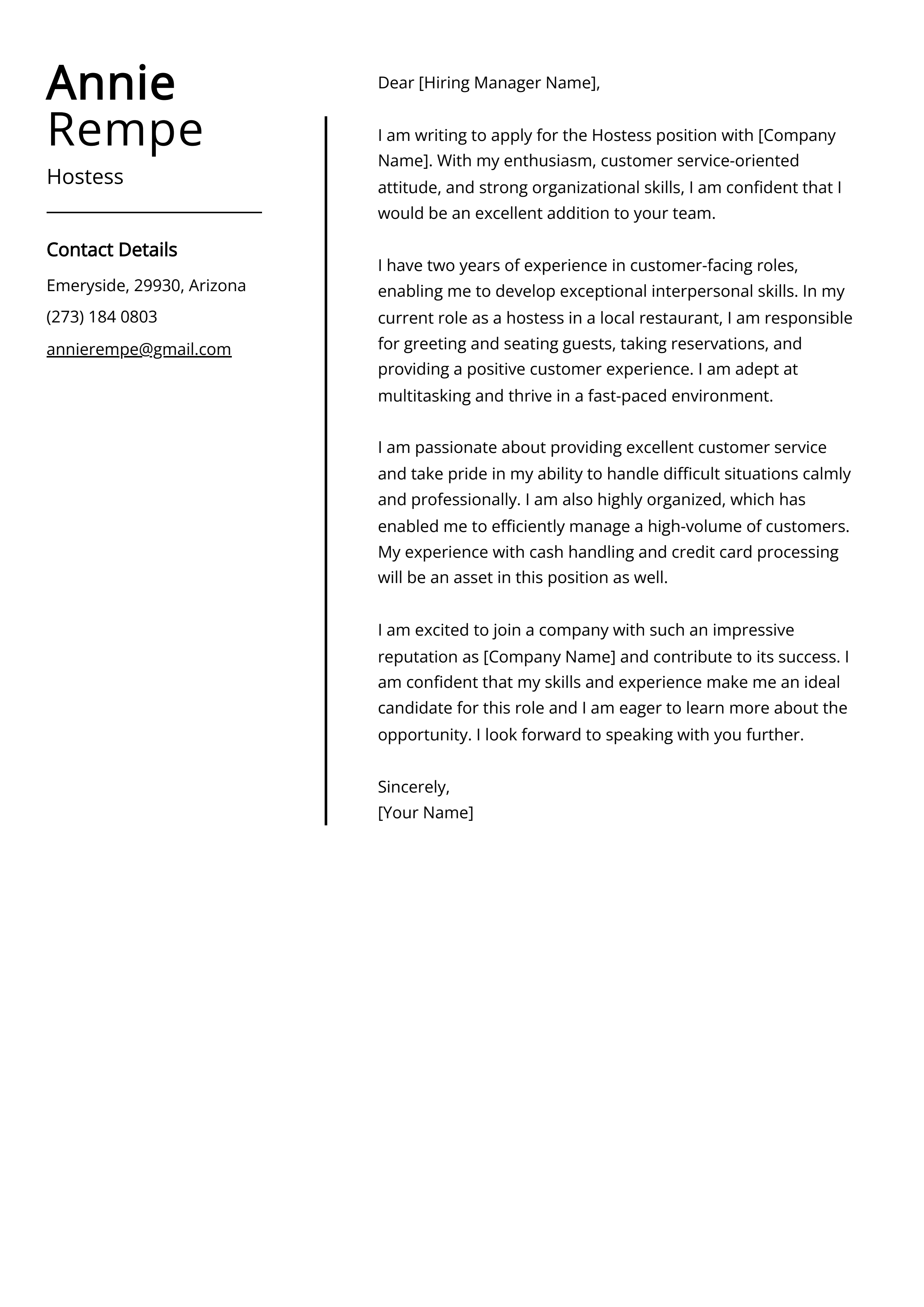 Waitress Cover Letter