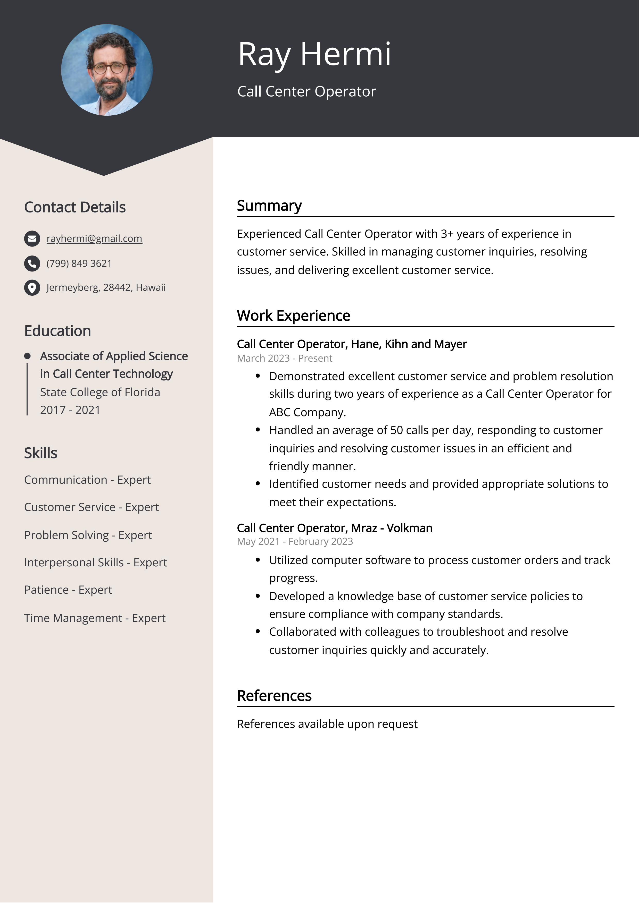 Call Center Operator CV Example For 2024