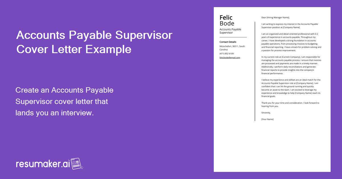 Accounts Payable Supervisor Cover Letter Example for 2024