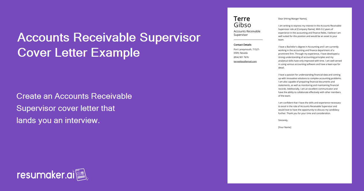 Accounts Receivable Supervisor Cover Letter Example for 2025