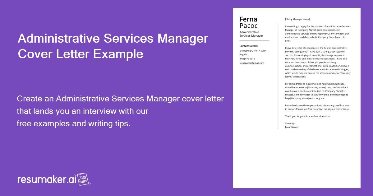 Administrative Services Manager Cover Letter Example for 2024 (Skills ...