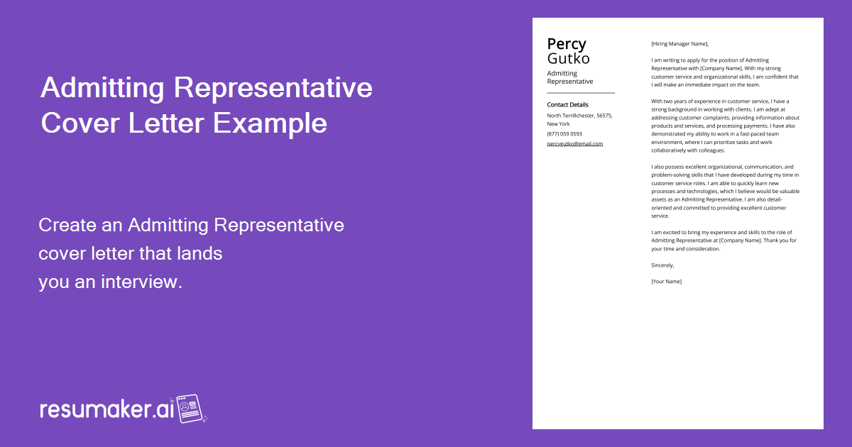Admitting Representative Cover Letter Example for 2024