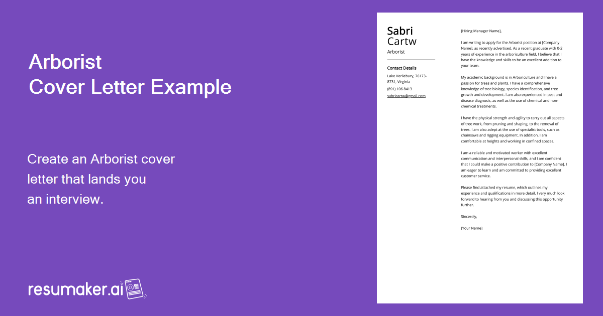 Arborist Cover Letter Example for 2024