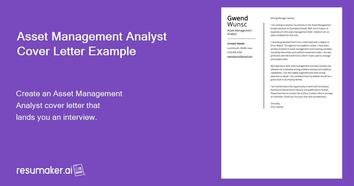 Asset Management Analyst Cover Letter Example for 2024