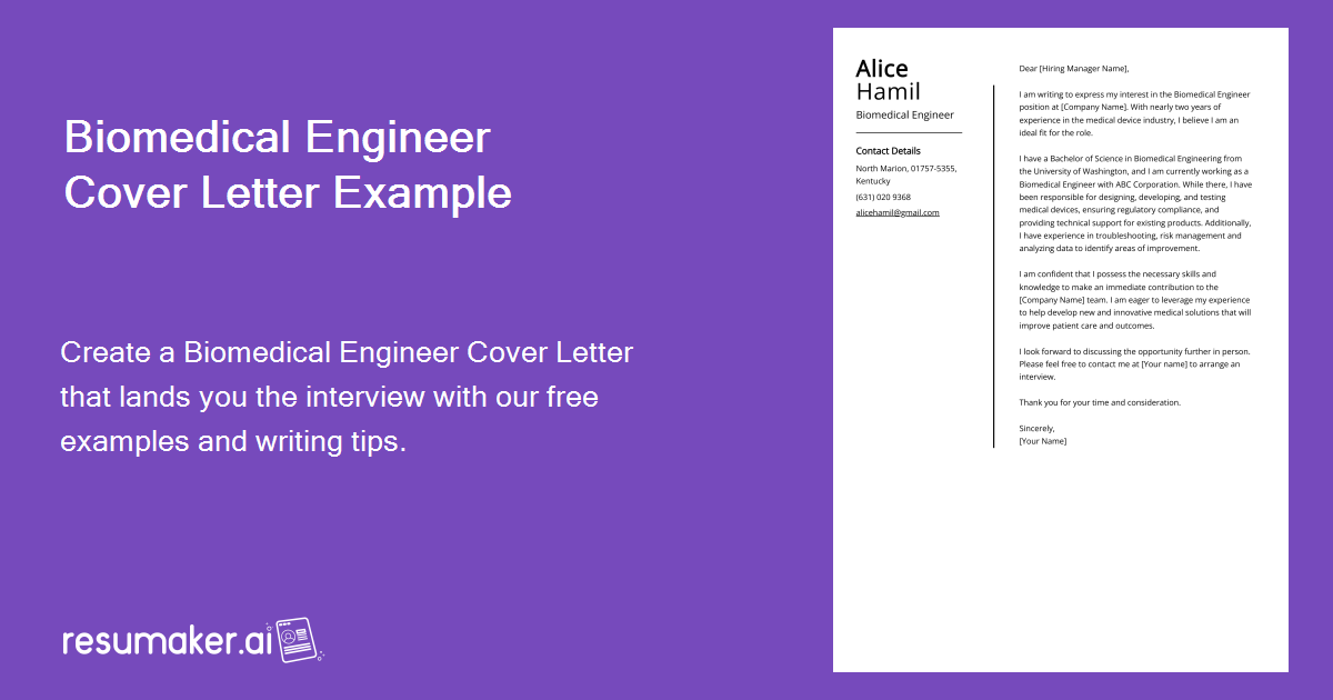 Biomedical Engineer Cover Letter Example (Free Guide)