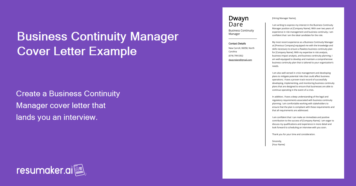 Business Continuity Manager Cover Letter Example for 2025