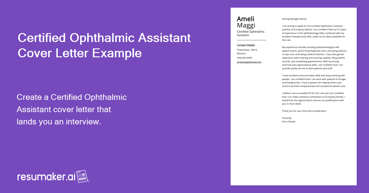Certified Ophthalmic Assistant Cover Letter Example for 2024