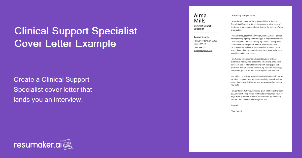 Clinical Support Specialist Cover Letter Example for 2024