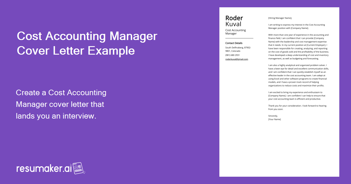 Cost Accounting Manager Cover Letter Example for 2024