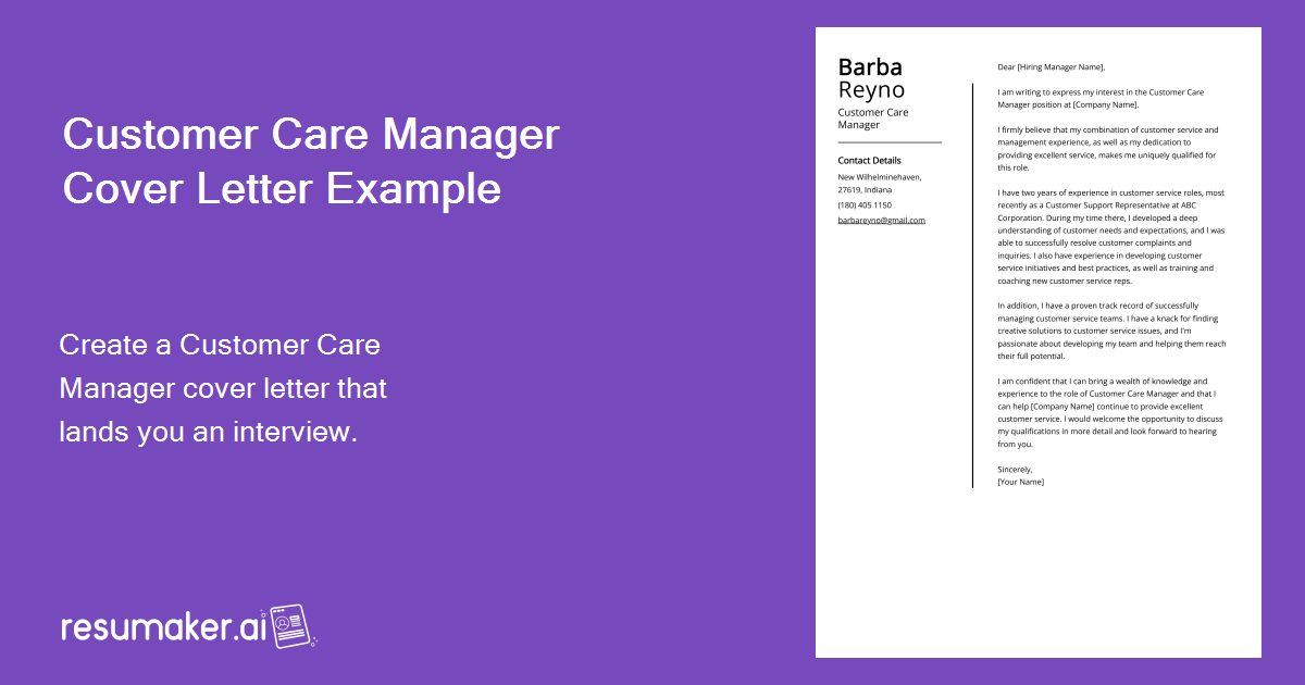 Customer Care Manager Cover Letter Example for 2025