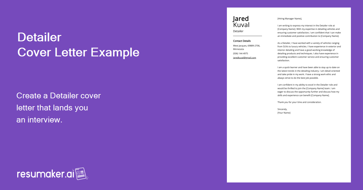 Detailer Cover Letter Example for 2024