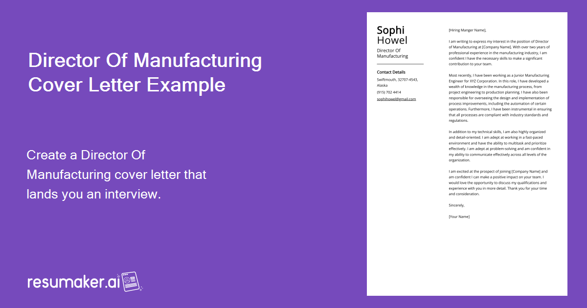 Director Of Manufacturing Cover Letter Example for 2025