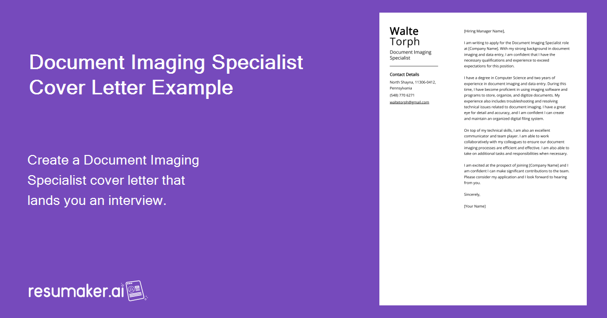 Document Imaging Specialist Cover Letter Example for 2024