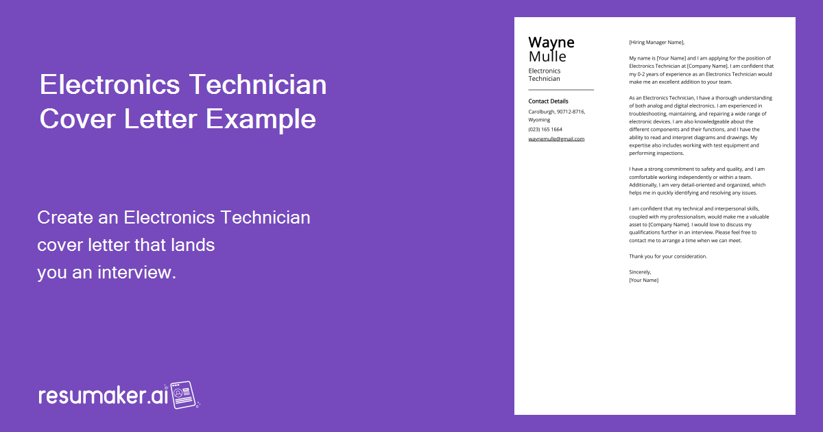 Electronics Technician Cover Letter Example for 2024