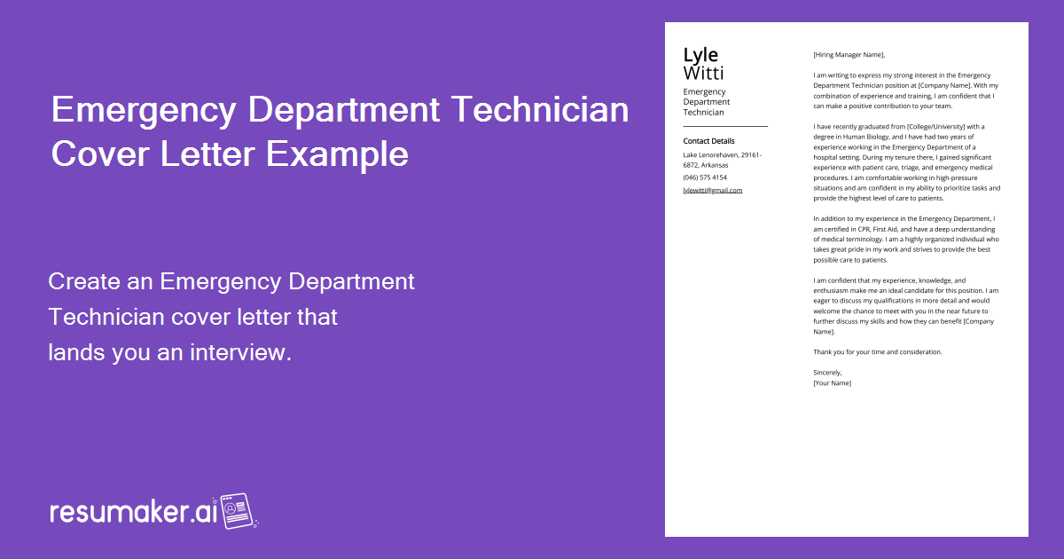 Emergency Department Technician Cover Letter Example for 2024