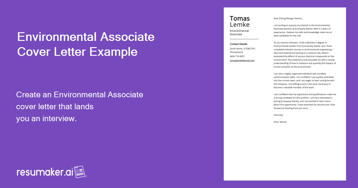 Environmental Associate Cover Letter Example for 2024
