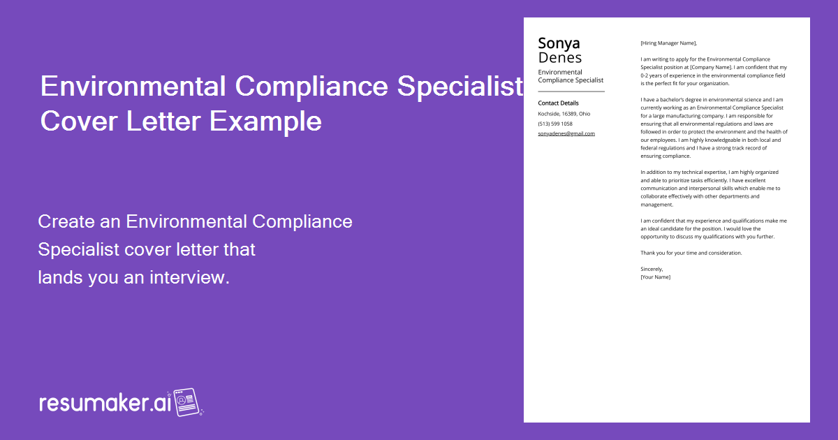 Environmental Compliance Specialist Cover Letter Example for 2025