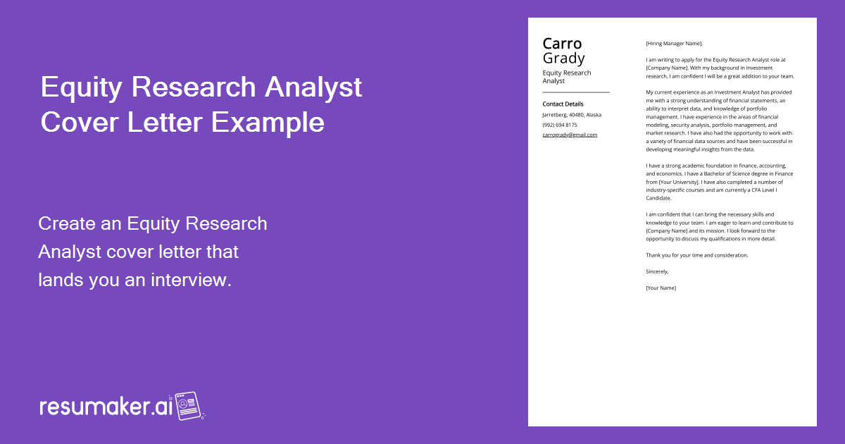 Equity Research Analyst Cover Letter Example for 2025