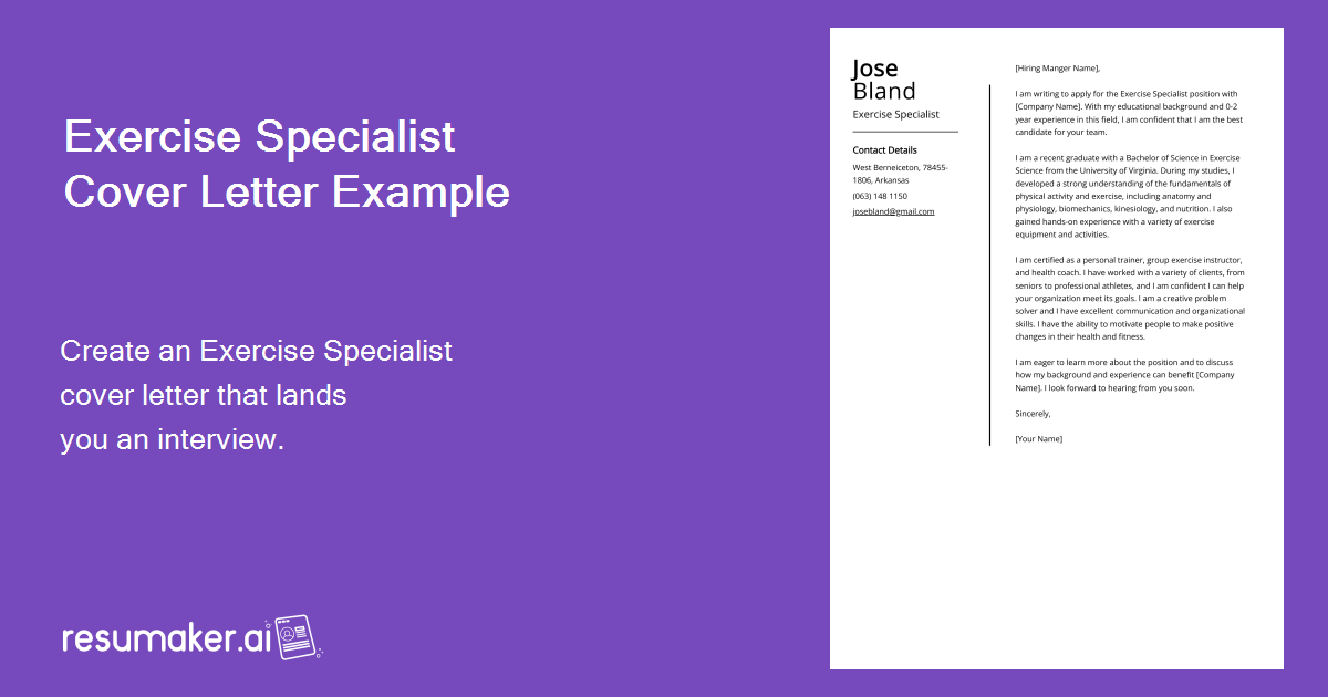 Exercise Specialist Cover Letter Example for 2024