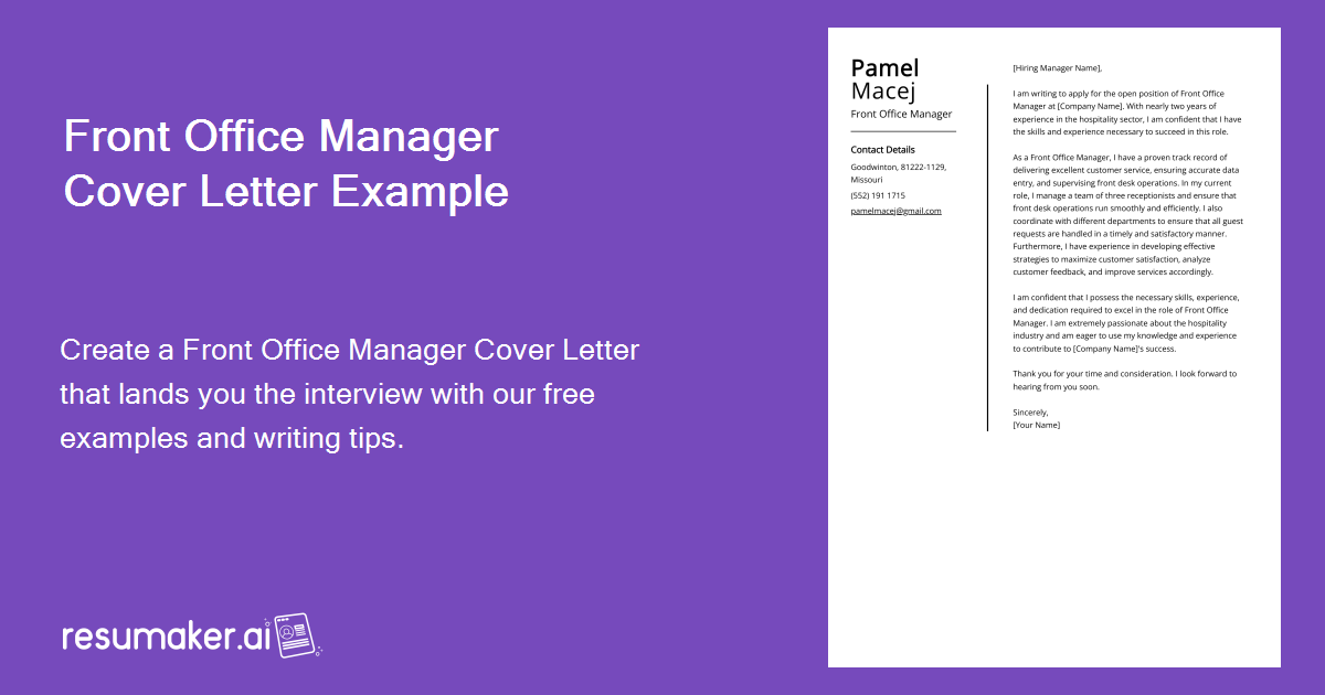 Front Office Manager Cover Letter Examples Assistant Sales Manager