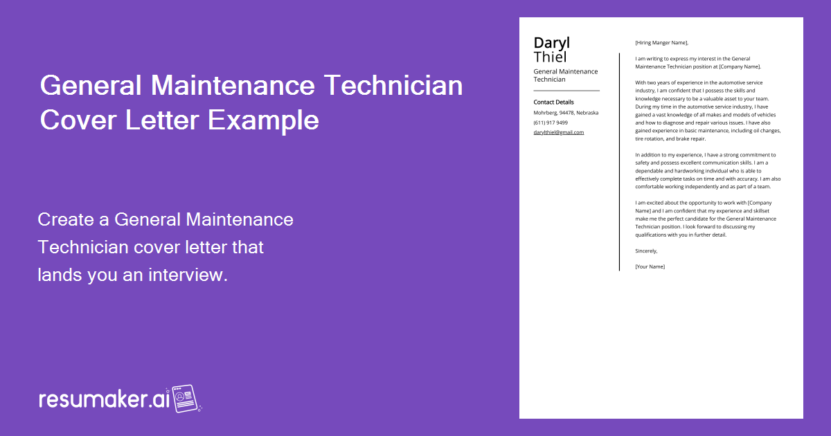 General Maintenance Technician Cover Letter: Sample & Guide (Entry ...
