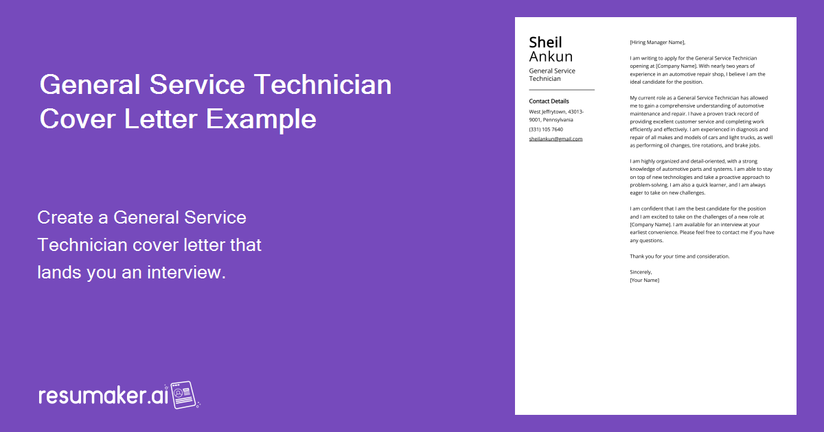 General Service Technician Cover Letter: Sample & Guide (Entry Level ...