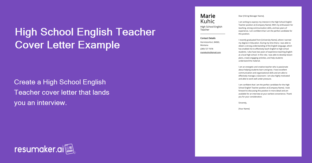 High School English Teacher Cover Letter: Sample & Guide (Entry Level ...