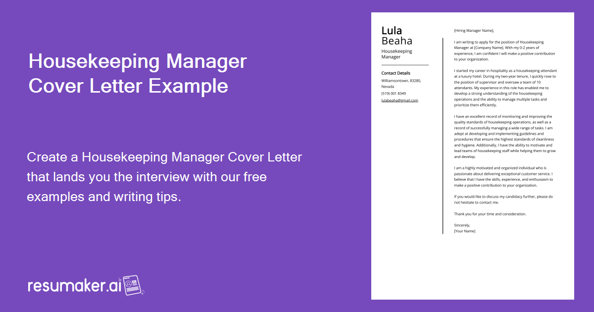 Housekeeping Manager Cover Letter Example (Free Guide)