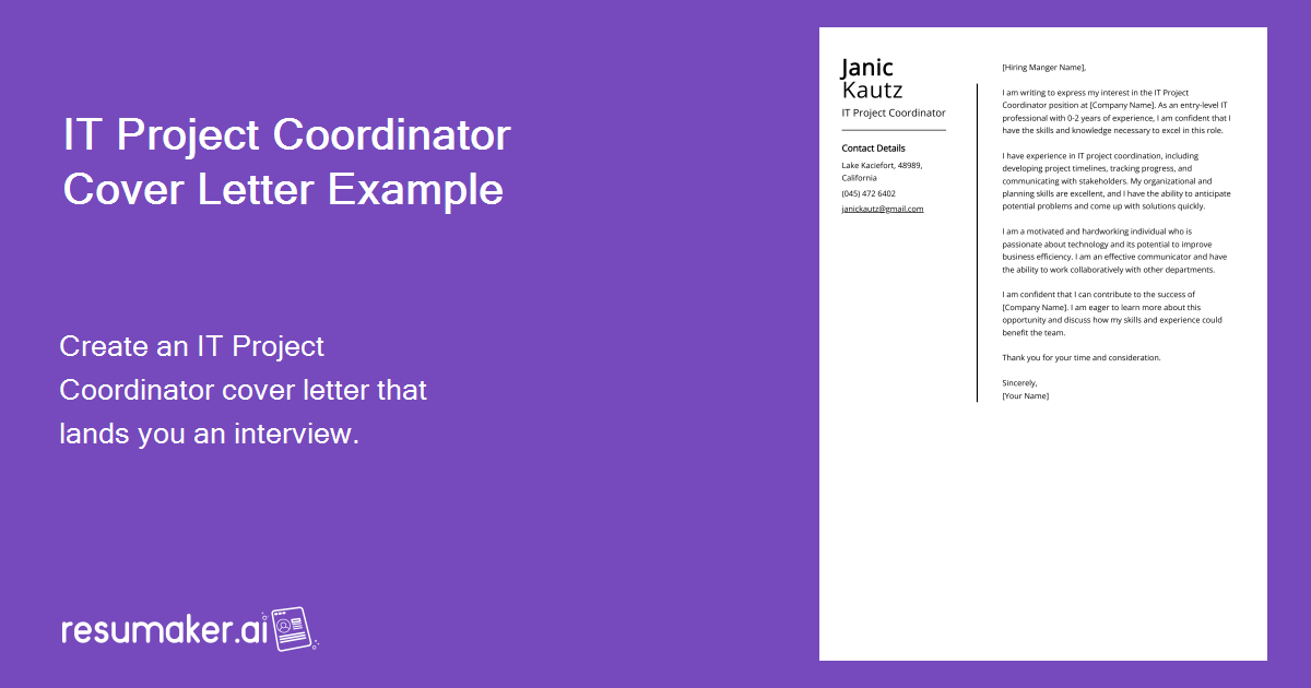 IT Project Coordinator Cover Letter: Sample & Guide (Entry Level ...