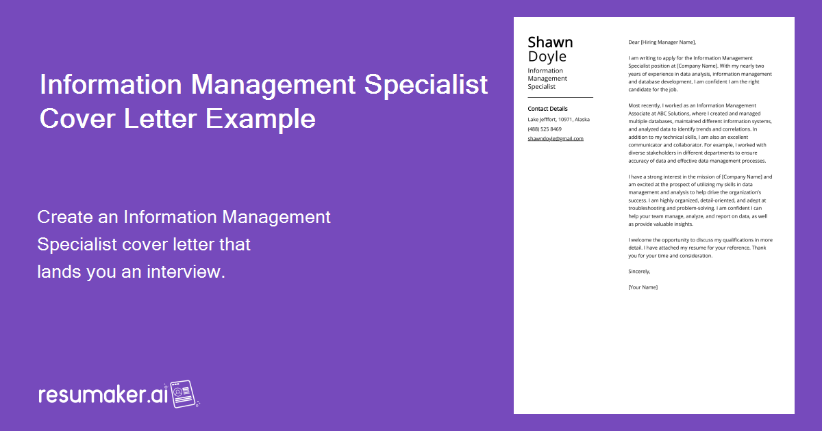 Information Management Specialist Cover Letter: Sample & Guide (Entry ...