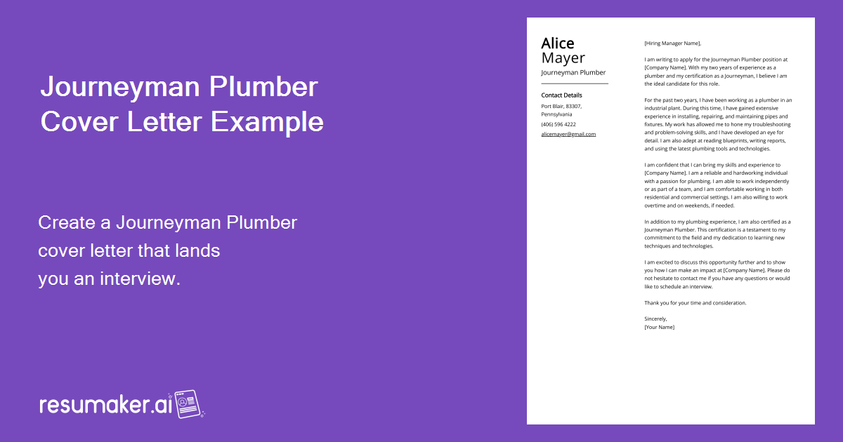 Journeyman Plumber Cover Letter: Sample & Guide (Entry Level & Senior Jobs)