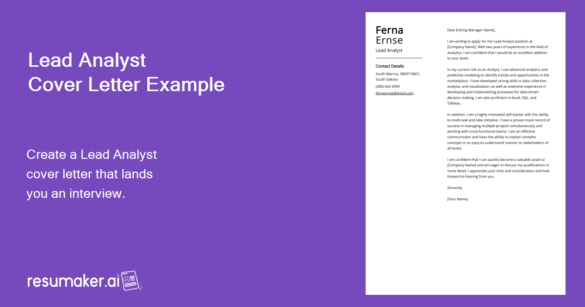 Lead Analyst Cover Letter: Job Description, Sample & Guide