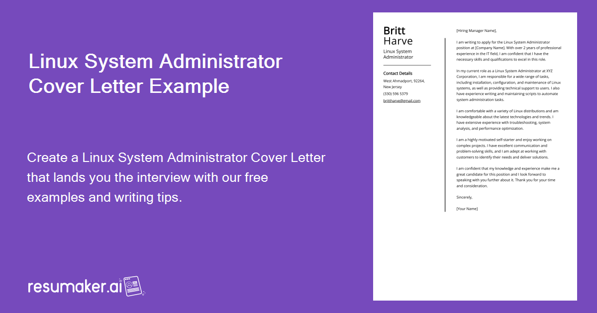Linux System Administrator Cover Letter Example (Free Guide)
