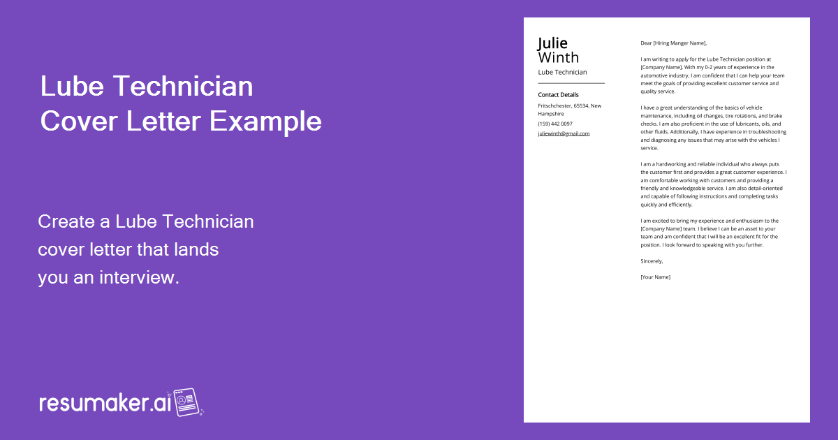 Lube Technician Cover Letter: Job Description, Sample & Guide