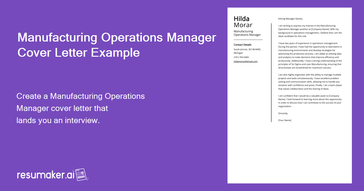 Manufacturing Operations Manager Cover Letter: Job Description, Sample ...