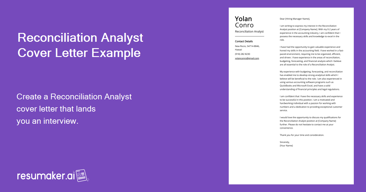 Reconciliation Analyst Cover Letter Examples (Template & 20+ Tips)