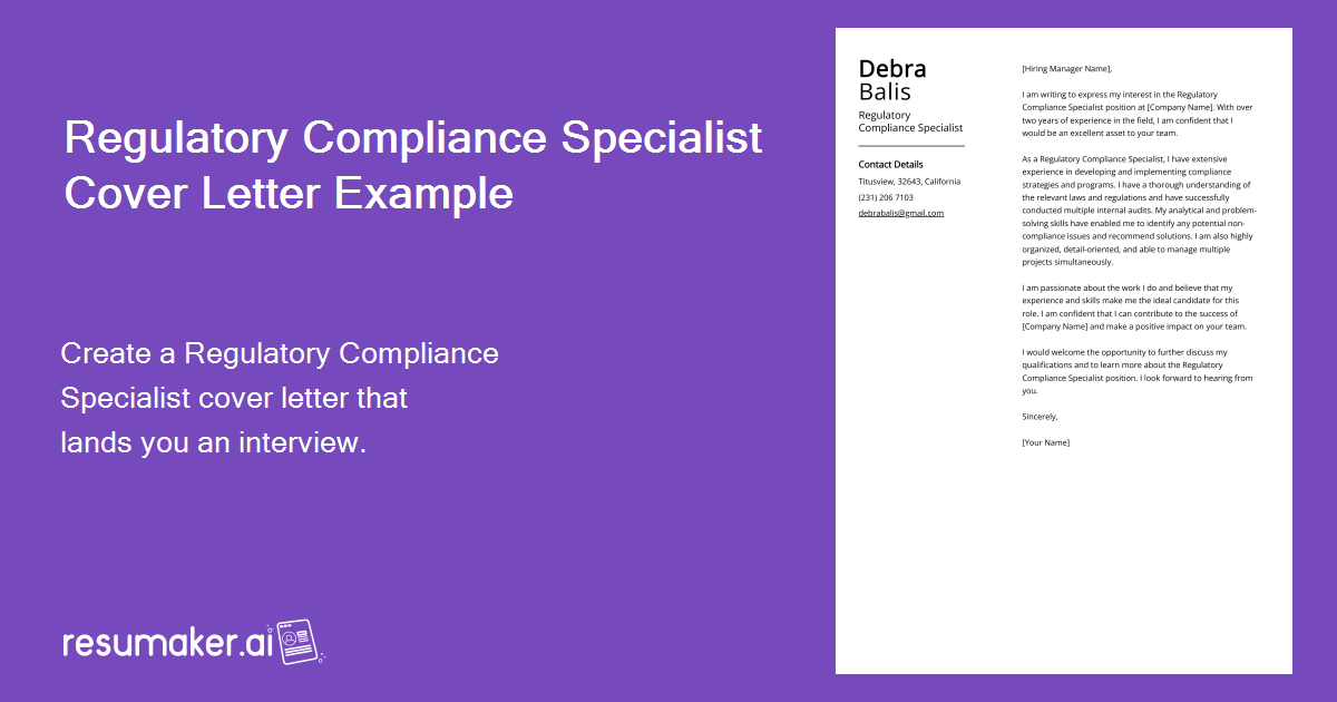 Regulatory Compliance Specialist Cover Letter Examples (Template & 20 ...