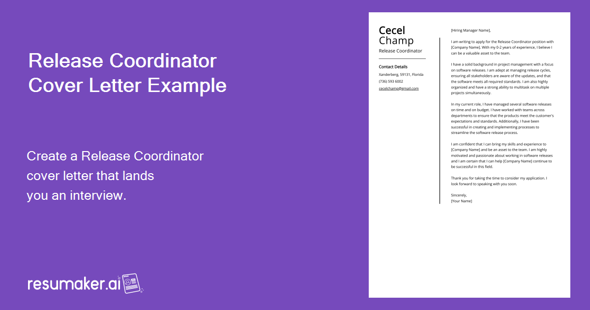 Release Coordinator Cover Letter Examples (Template & 20+ Tips)
