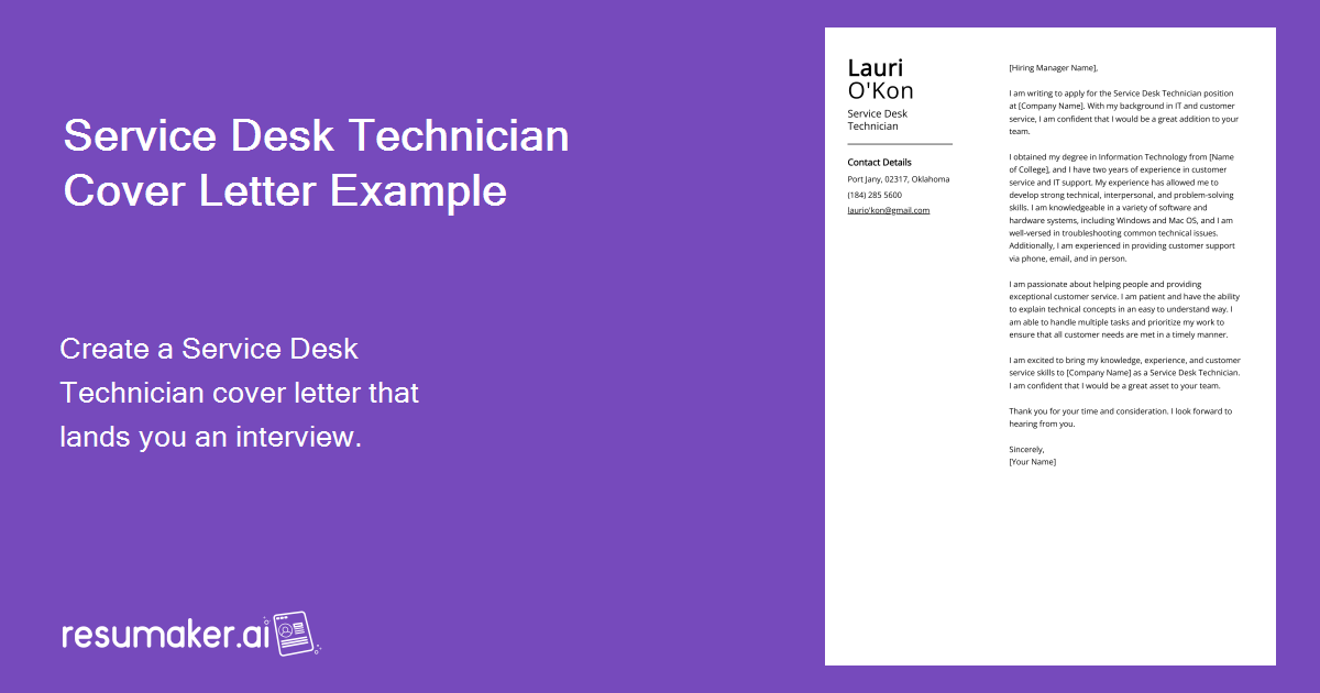 Service Desk Technician Cover Letter Examples (Template & 20+ Tips)