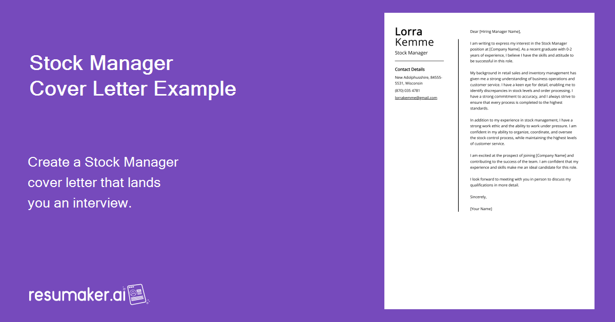 Stock Manager Cover Letter Examples (Template & 20+ Tips)