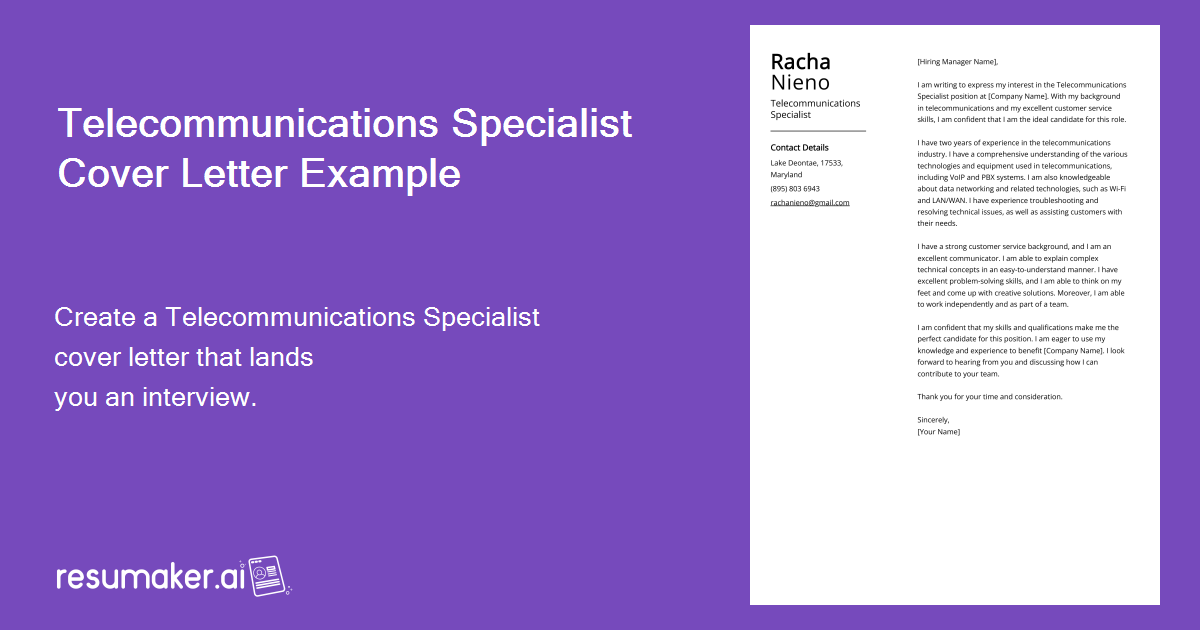 Telecommunications Specialist Cover Letter Examples (Template & 20+ Tips)