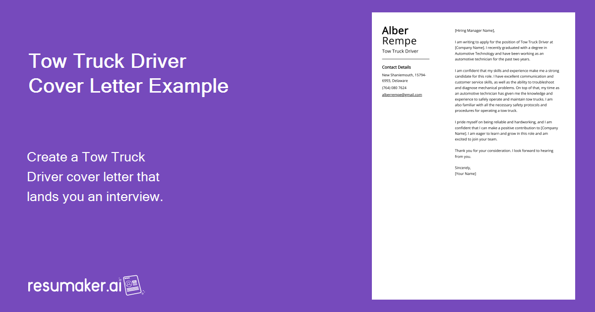 Tow Truck Driver Cover Letter Examples (Template & 20+ Tips)