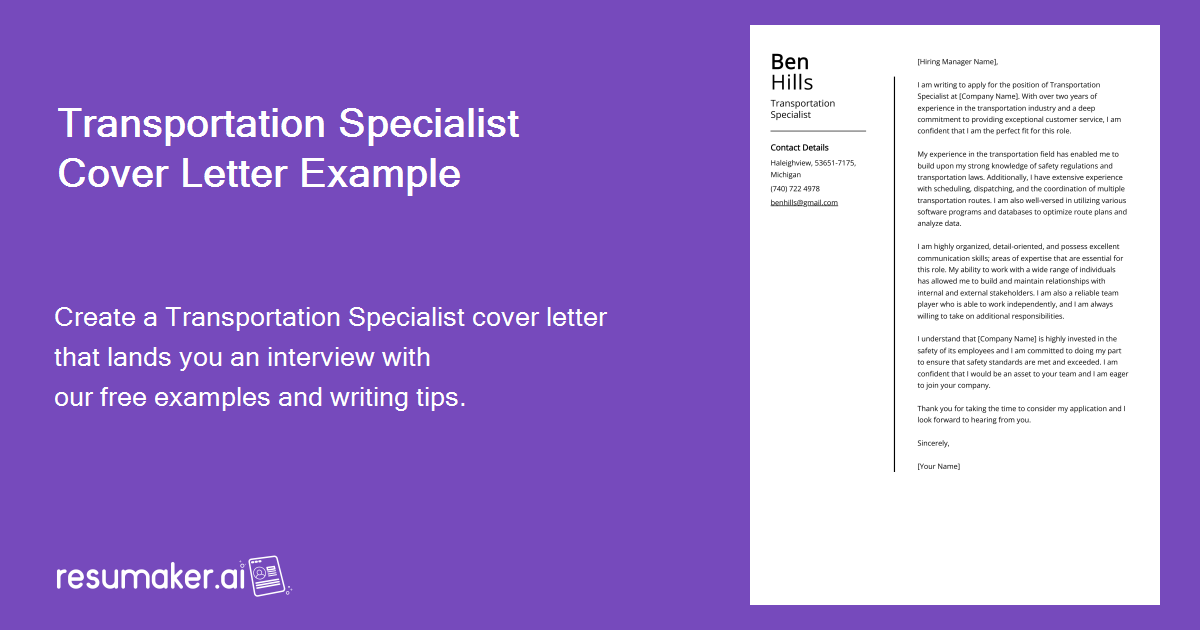 Transportation Specialist Cover Letter Examples (Template & 20+ Tips)