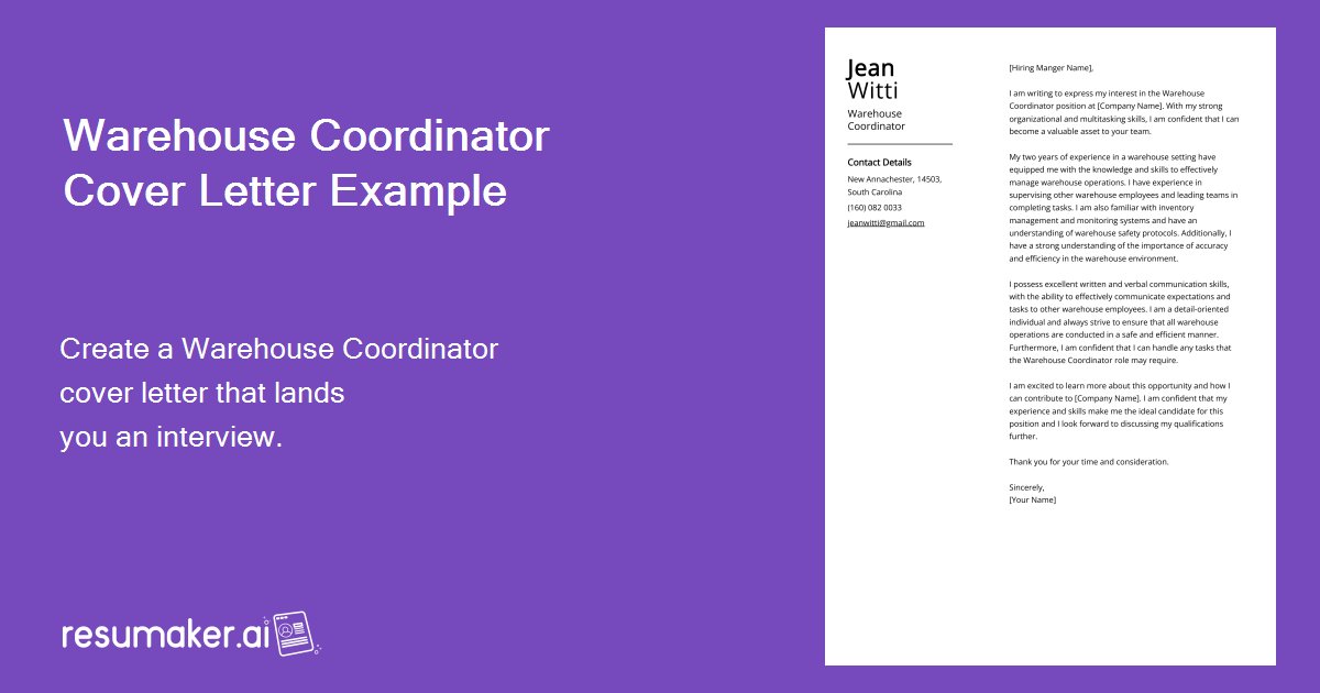 Warehouse Coordinator Cover Letter Examples & Guide