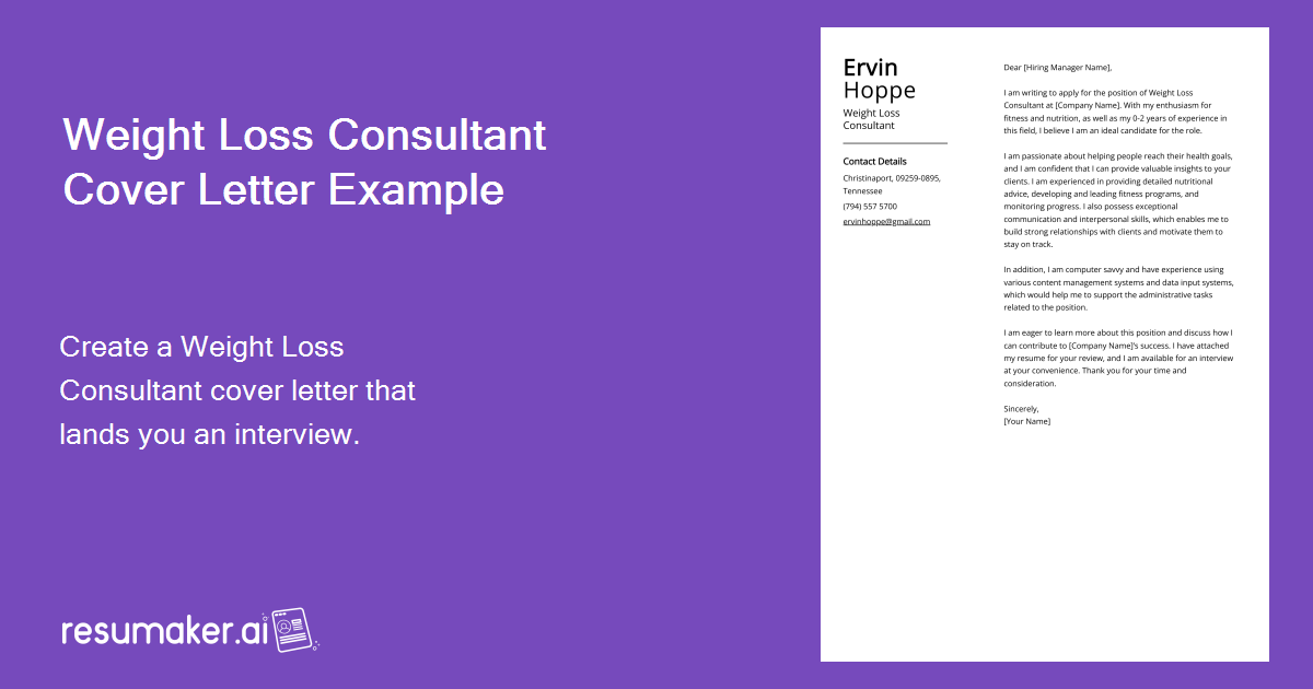 Weight Loss Consultant Cover Letter Examples & Guide