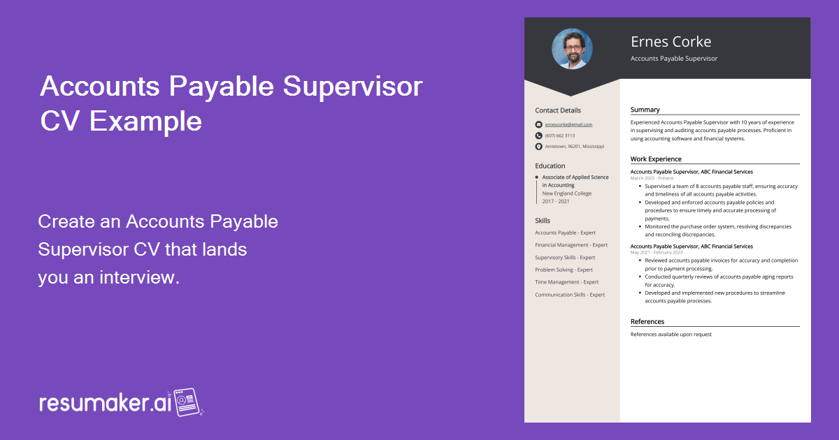 Accounts Payable Supervisor CV Example for 2024