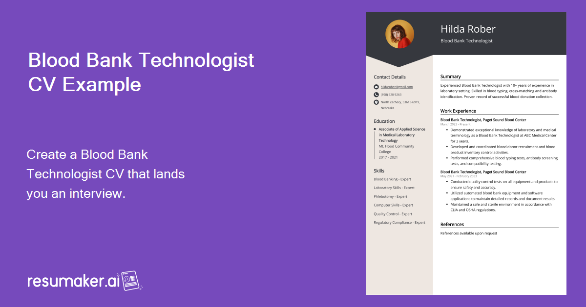 Blood Bank Technologist CV Example For 2024 blood-bank-technologist-cv-example-for-2024