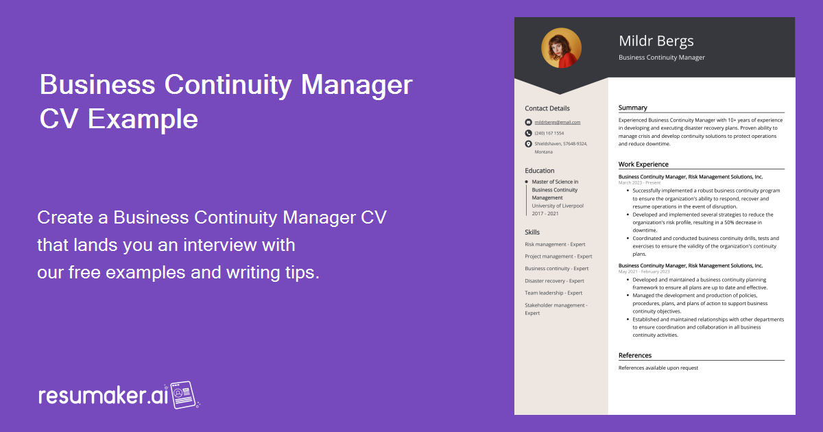 Business Continuity Manager CV Example for 2025 (Skills & Templates)